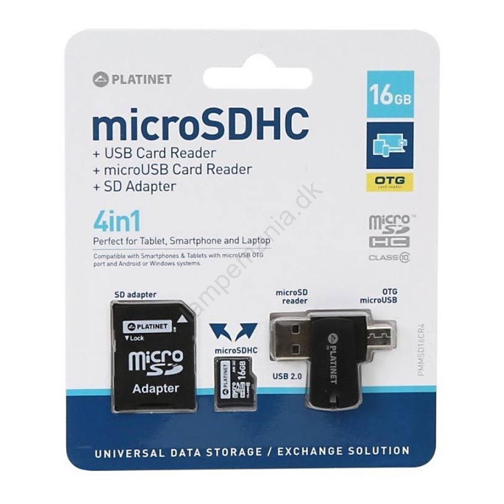 4-i-1 MicroSDHC-kort 16GB + SD-adapter + MicroSD-læser+ OTG-adapter ...