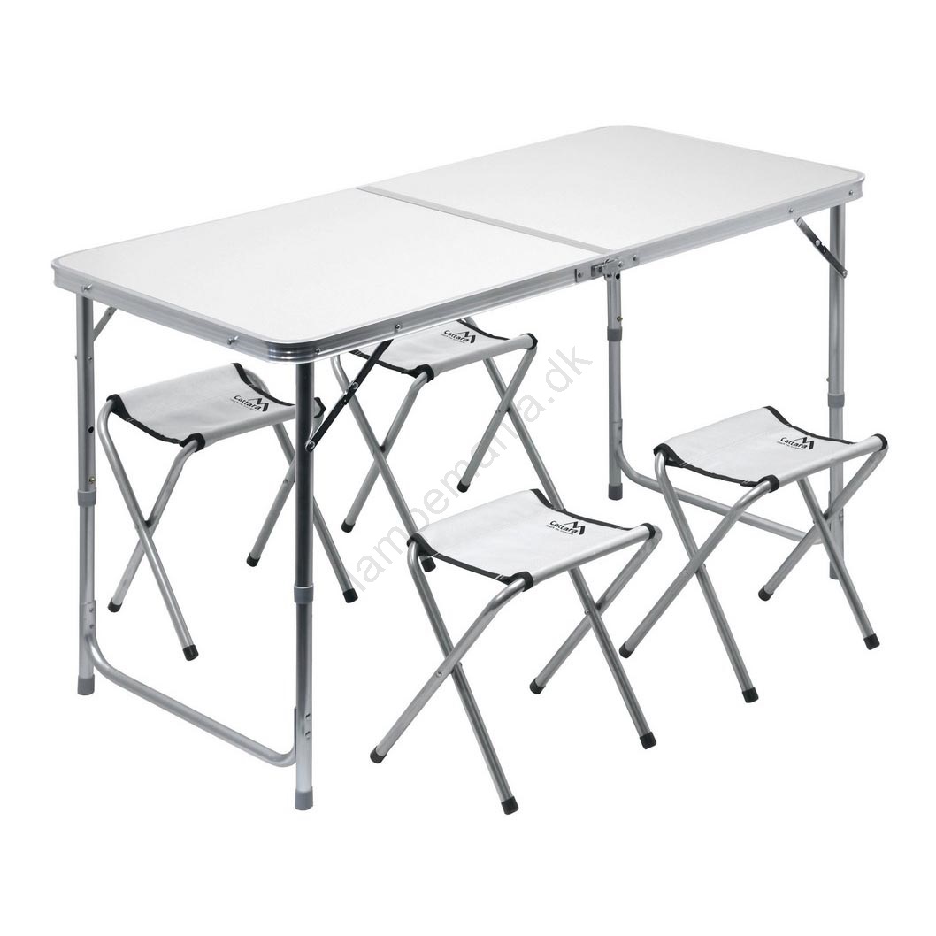 Foldbart campingbord + 4x stol hvid/krom | Lampemania