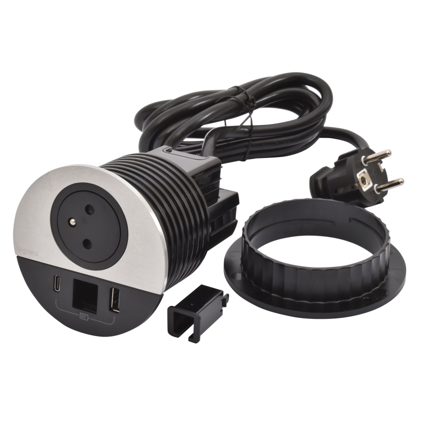 Legrand 654708 - Stikdåse til bordplade 1x230V + USB-A + USB-C + RJ45 ...